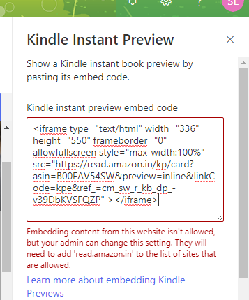Embedding content from this website isnt allowed. Kindle instant preview WebPart – Onetidbit